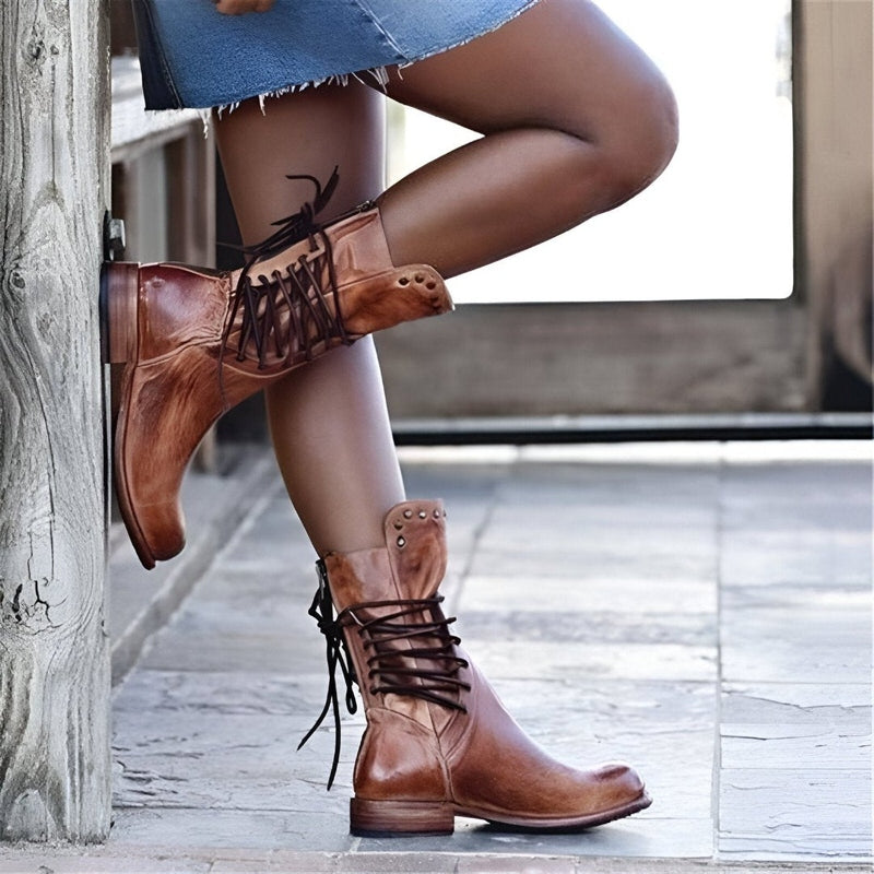 Women’s Studded Lace-Up Mid-Calf Boots with Low Heel and Vintage Finis